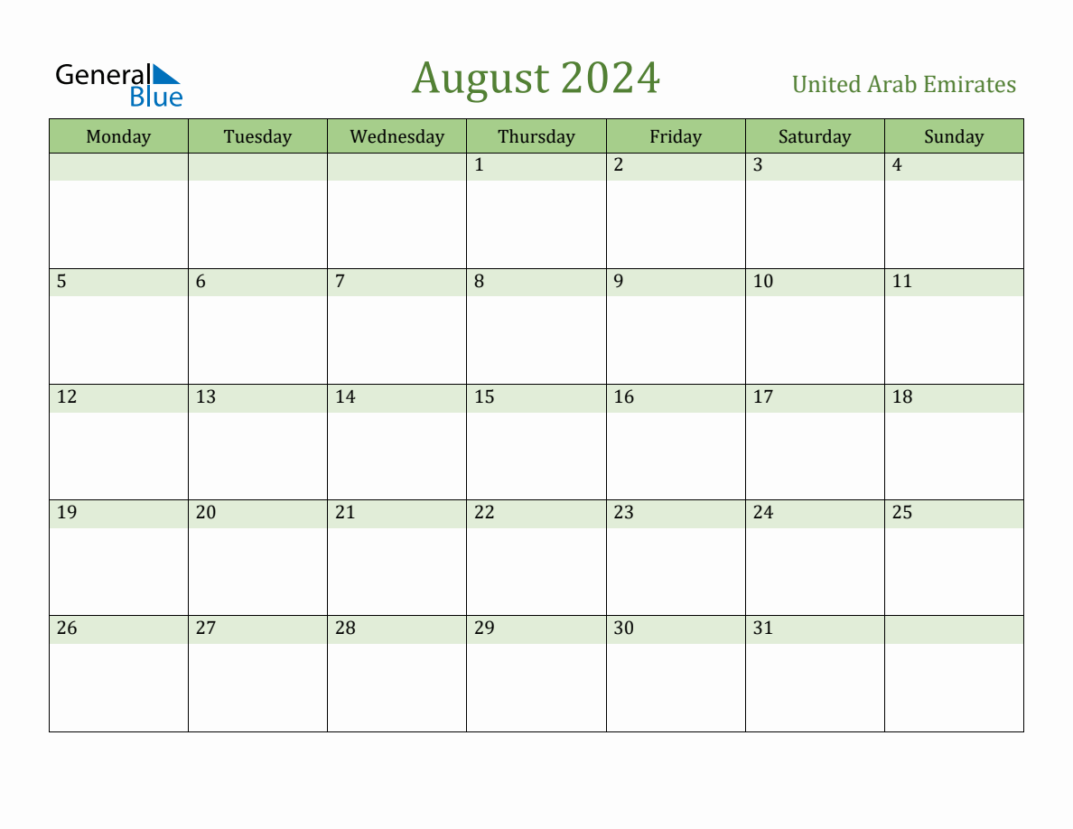 Fillable Holiday Calendar for United Arab Emirates - August 2024 ...