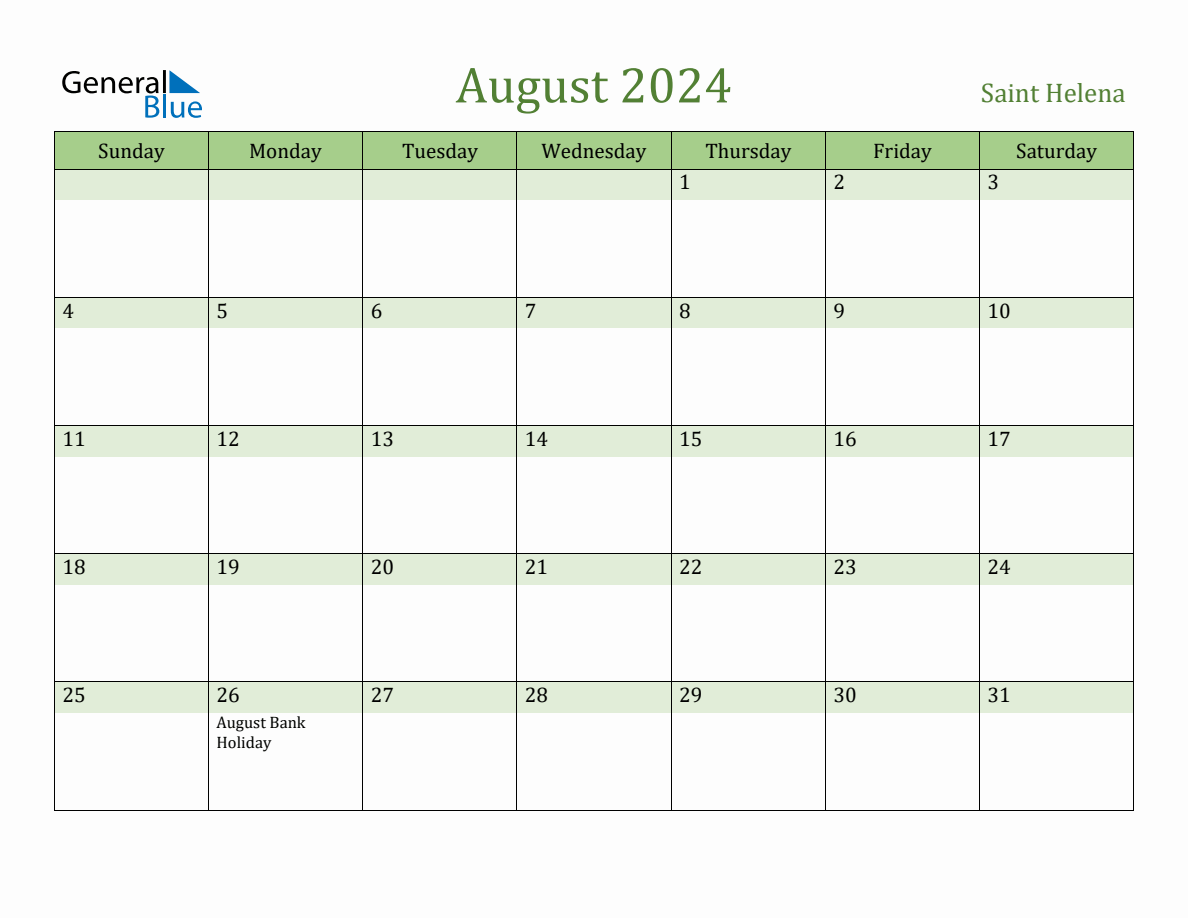Fillable Holiday Calendar for Saint Helena - August 2024