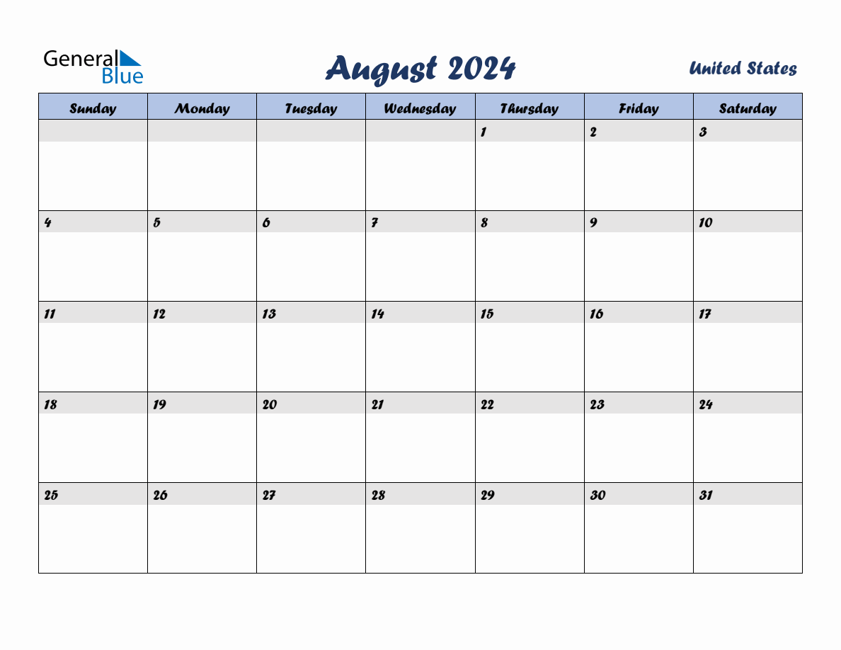August 2024 Monthly Calendar Template with Holidays for United States