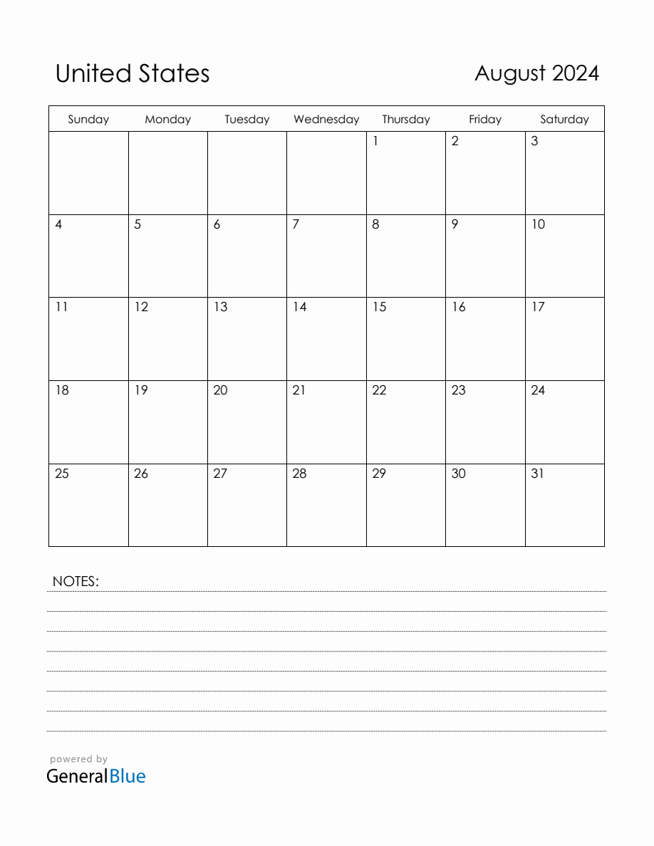 August 2024 United States Calendar with Holidays