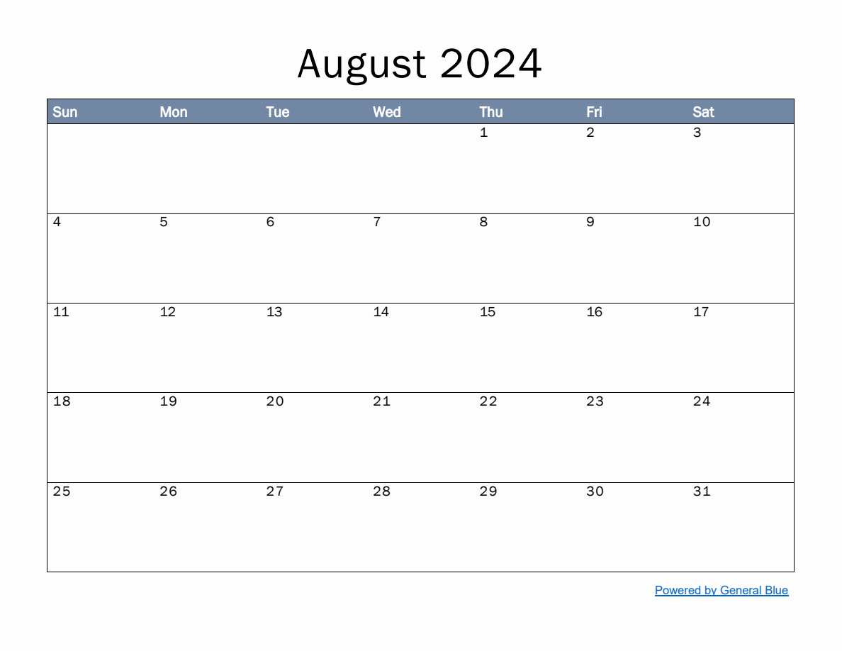 Monthly Calendar Template for August 2024