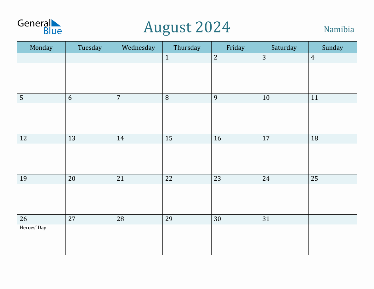 Namibia Holiday Calendar for August 2024