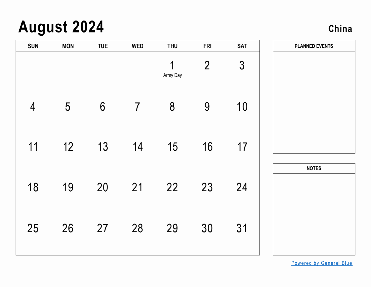 August 2024 Planner with China Holidays