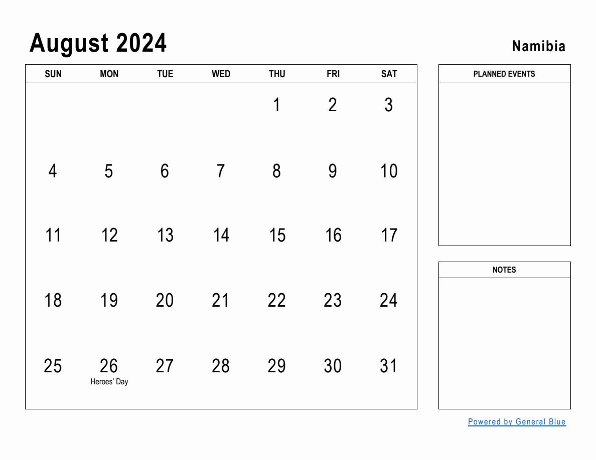 August 2024 Planner with Namibia Holidays