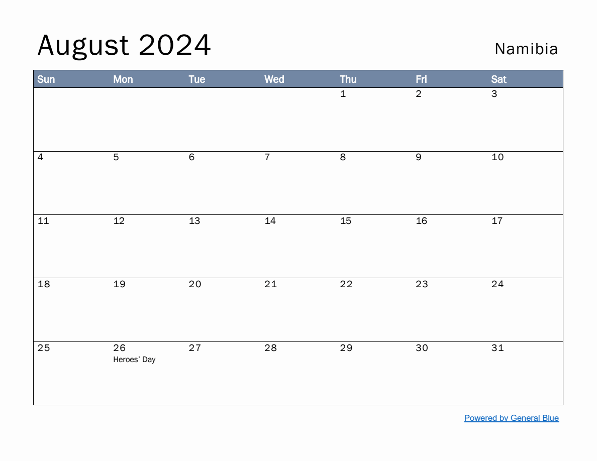 Free Monthly Calendar Template for August 2024 with Namibia Holidays