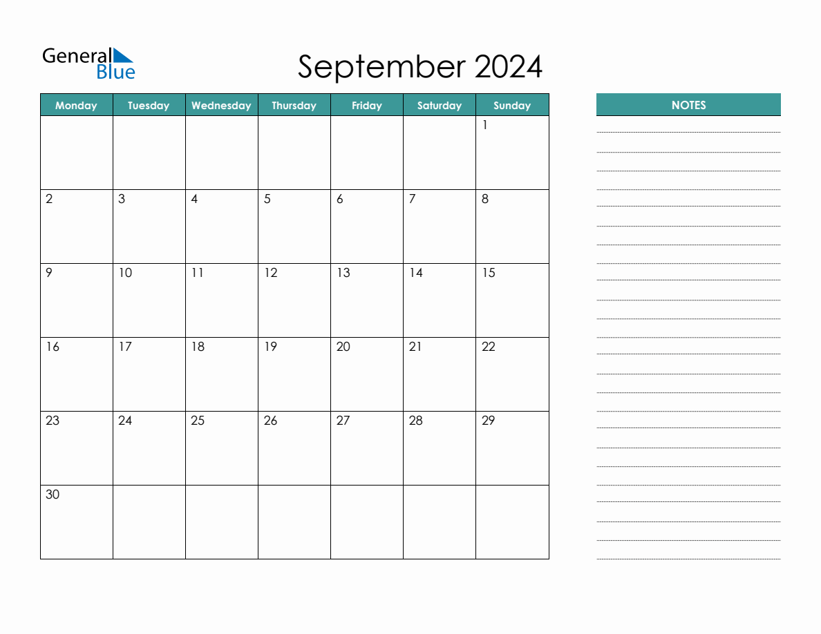 September 2024 Calendar Planner with Notes - Monday Start