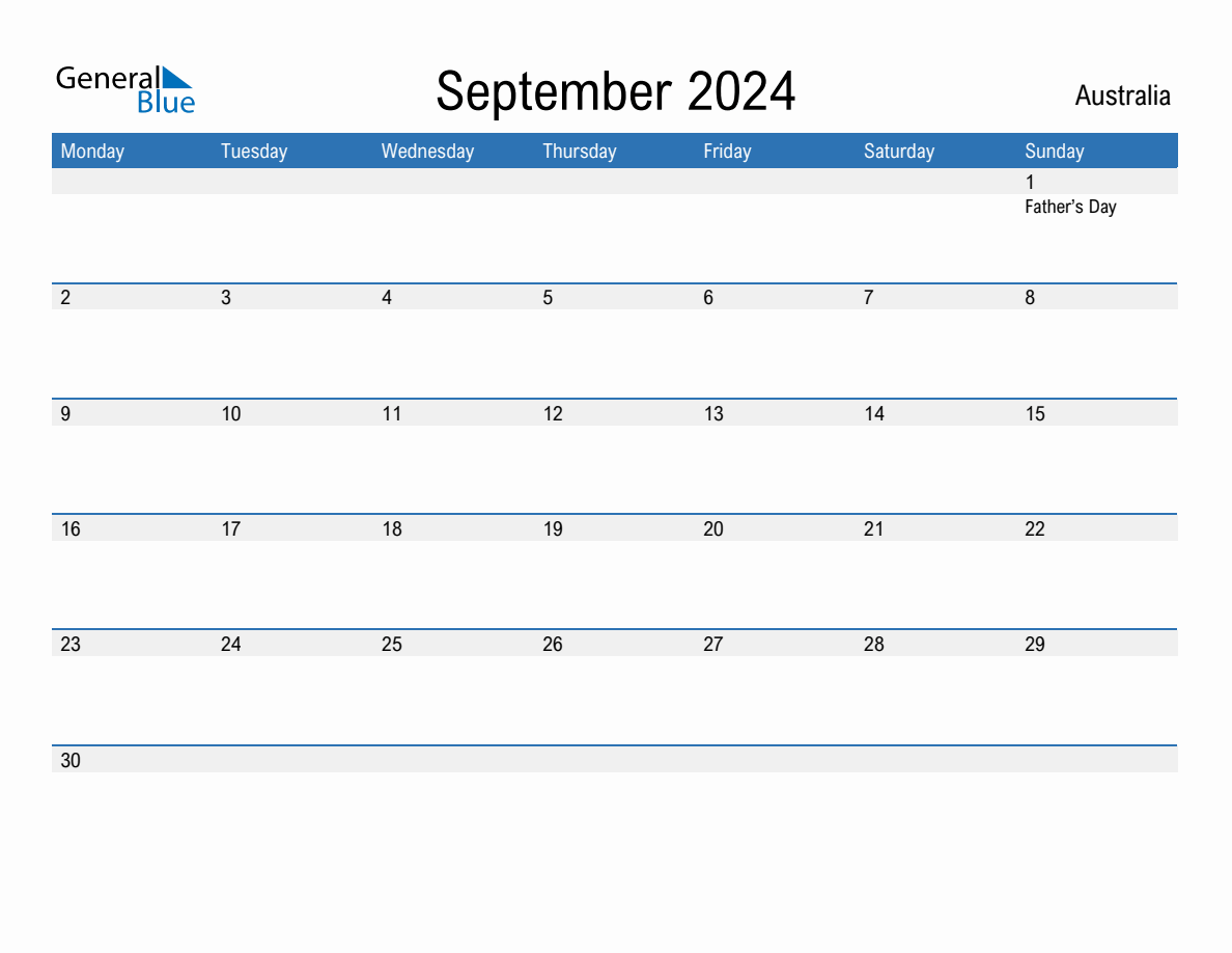 Editable September 2024 Calendar with Australia Holidays