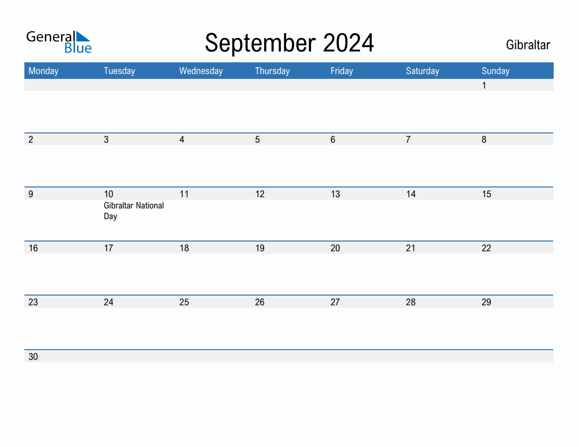 Editable September 2024 Calendar with Gibraltar Holidays