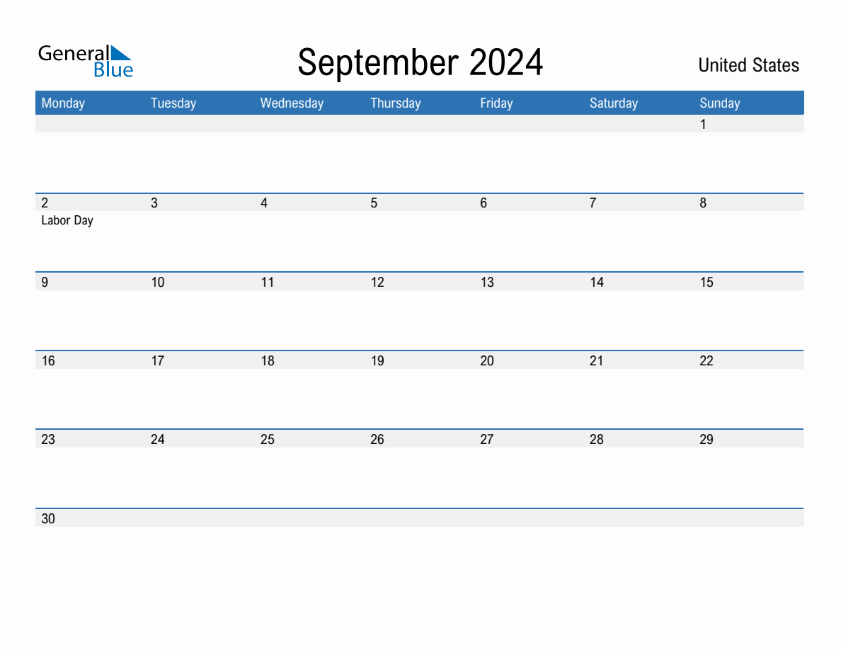 Editable September 2024 Calendar with United States Holidays (Monday Start)