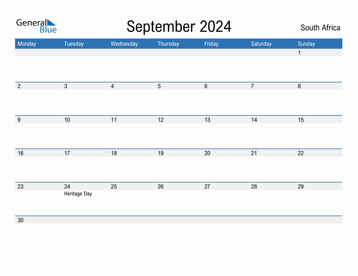 Editable September 2024 Calendar with South Africa Holidays (Monday Start)