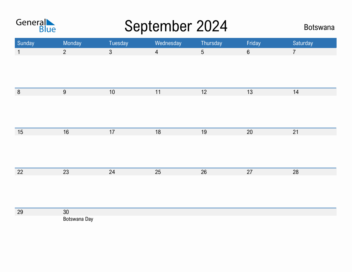 Editable September 2024 Calendar with Botswana Holidays