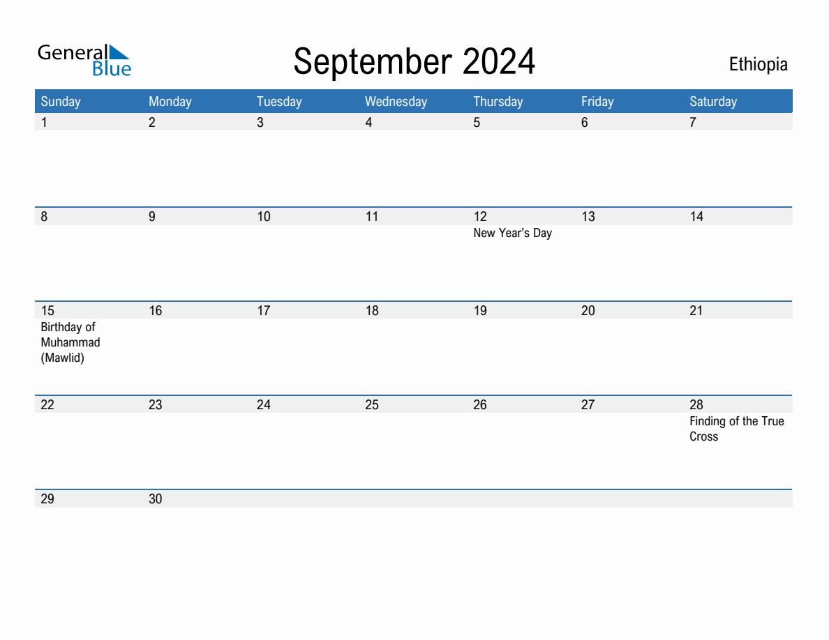 Editable September 2024 Calendar with Ethiopia Holidays