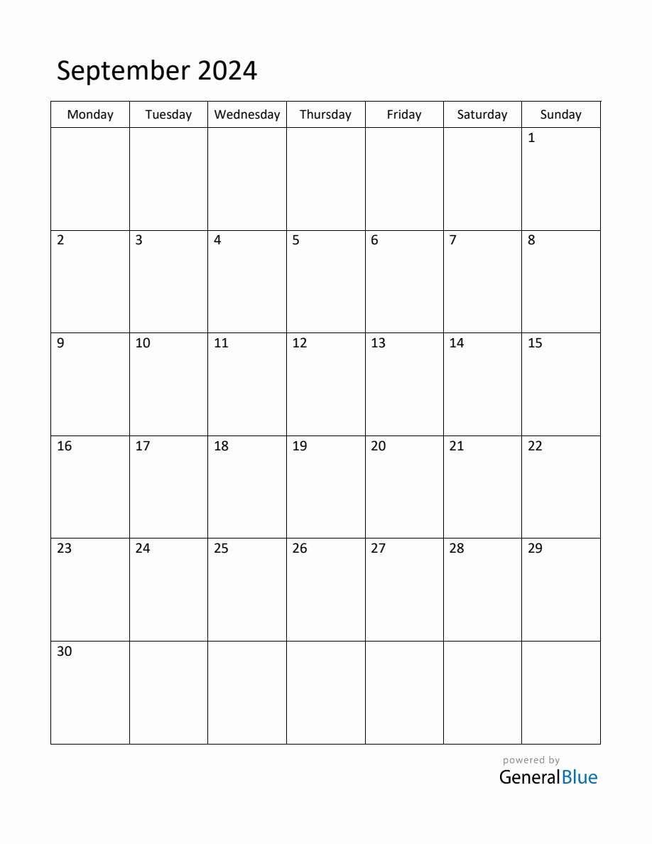 Editable September 2024 Monthly Calendar - Monday Start