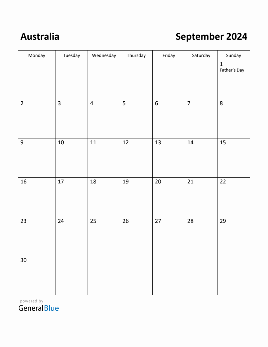 Free Printable September 2024 Calendar for Australia (Monday Start)