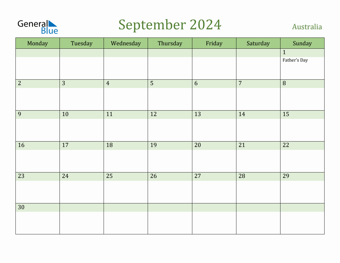 Fillable Holiday Calendar for Australia - September 2024 (Monday Start)