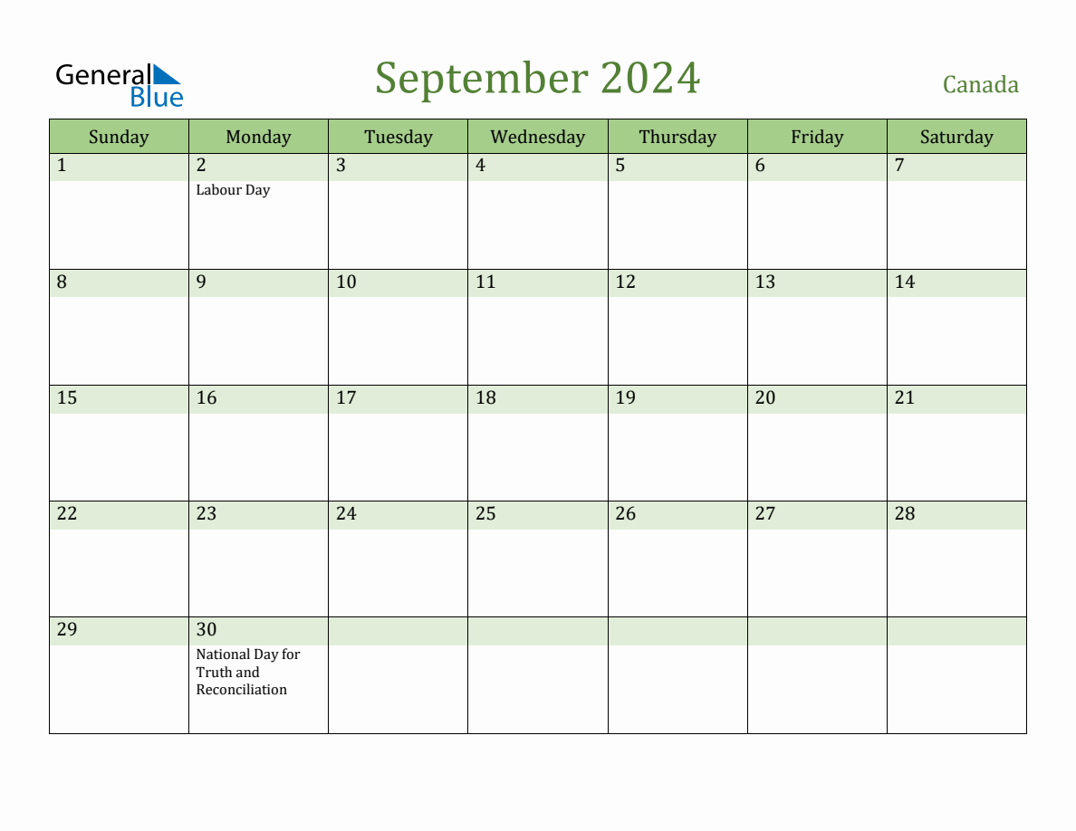 Fillable Holiday Calendar for Canada - September 2024