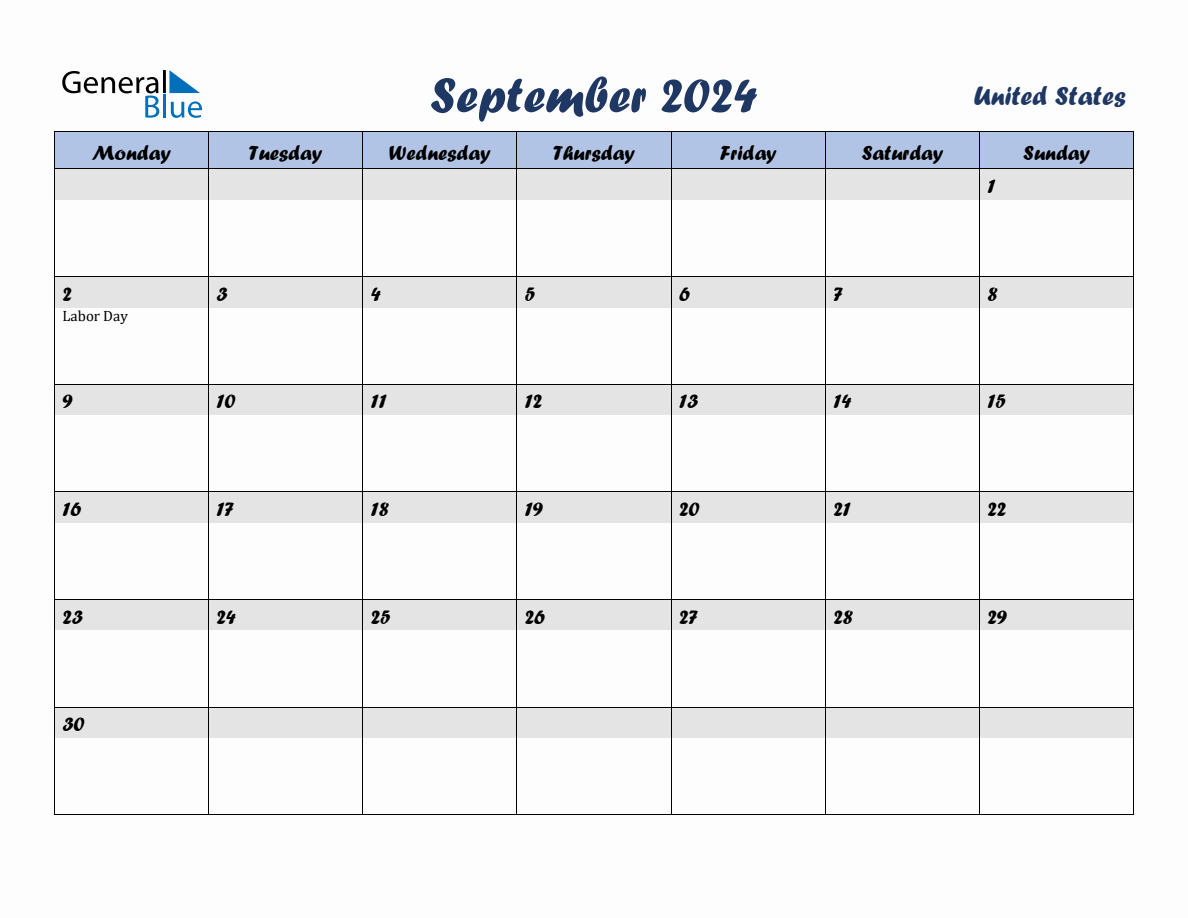 September 2024 Monthly Calendar Template with Holidays for United ...
