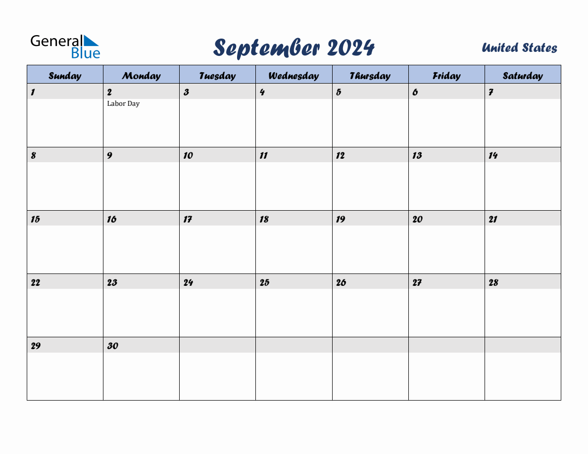 September 2024 Monthly Calendar Template with Holidays for United States