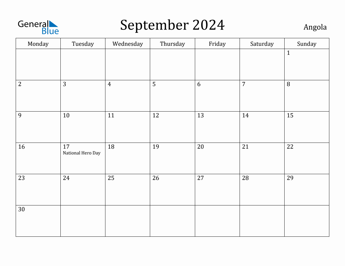 Angola Monthly Calendar - September 2024 (Monday Start)
