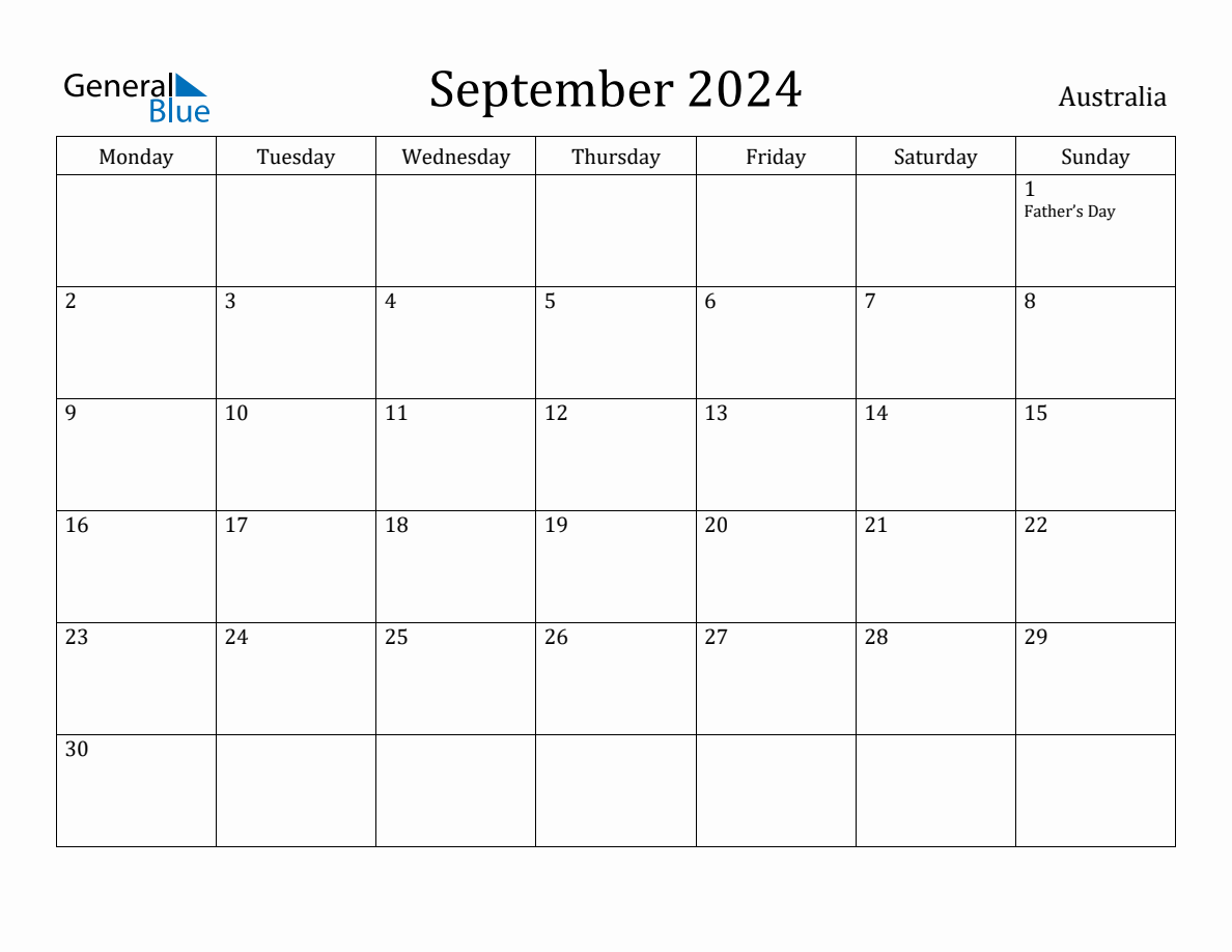 Australia Monthly Calendar - September 2024 (Monday Start)