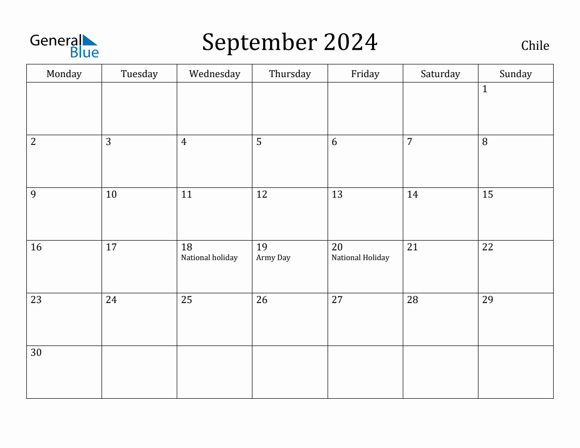Chile Monthly Calendar - September 2024 (Monday Start)