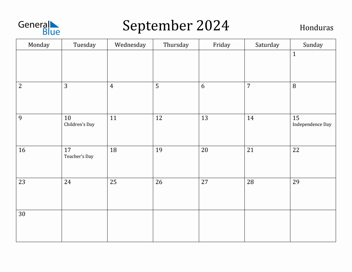 Honduras Monthly Calendar - September 2024 (Monday Start)