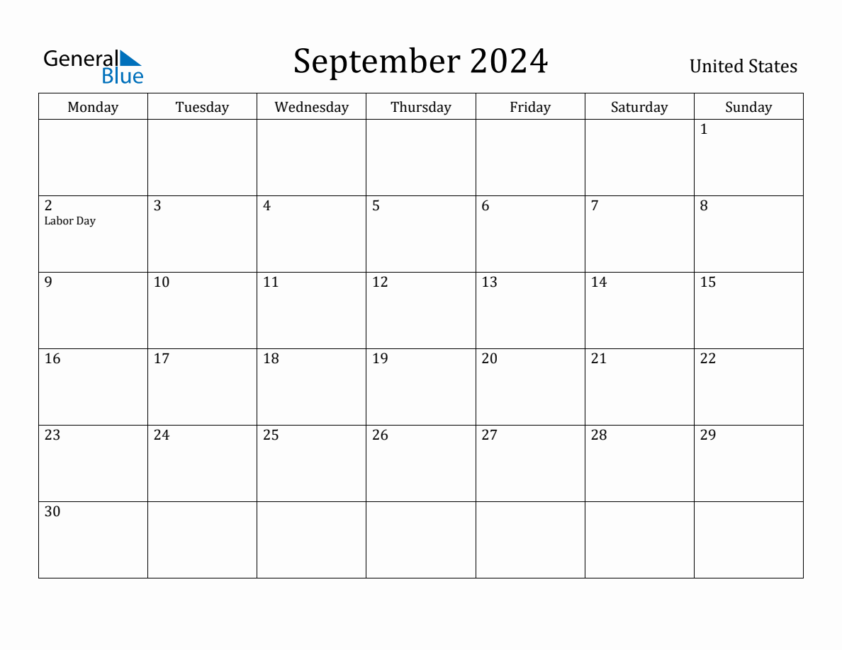 September 2024 Monthly Calendar with United States Holidays (Monday Start)