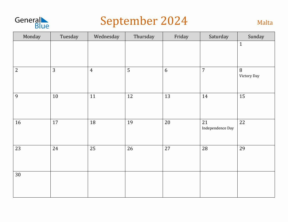Free September 2024 Malta Calendar (Monday Start)