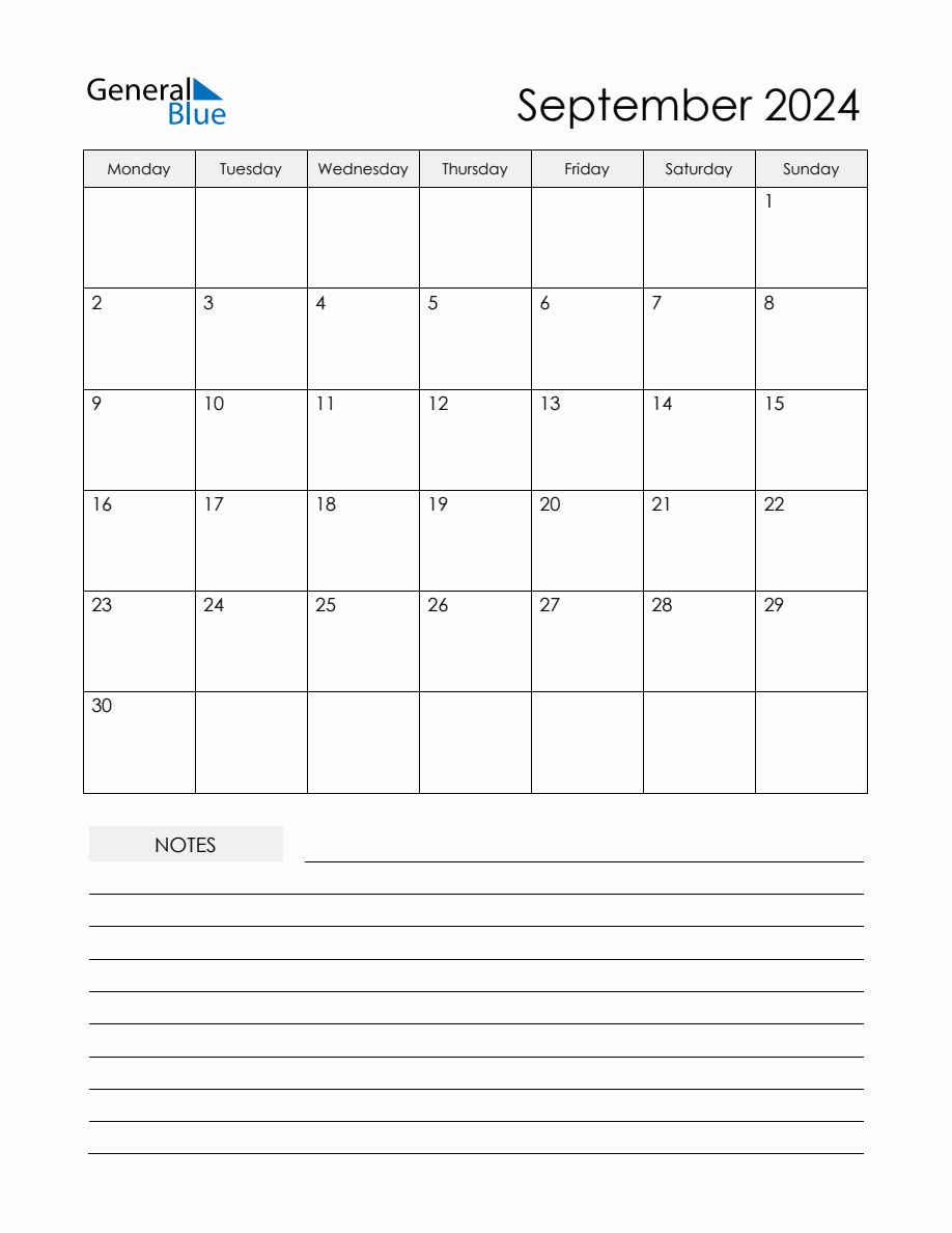 September 2024 Monthly Planner Calendar - Monday Start