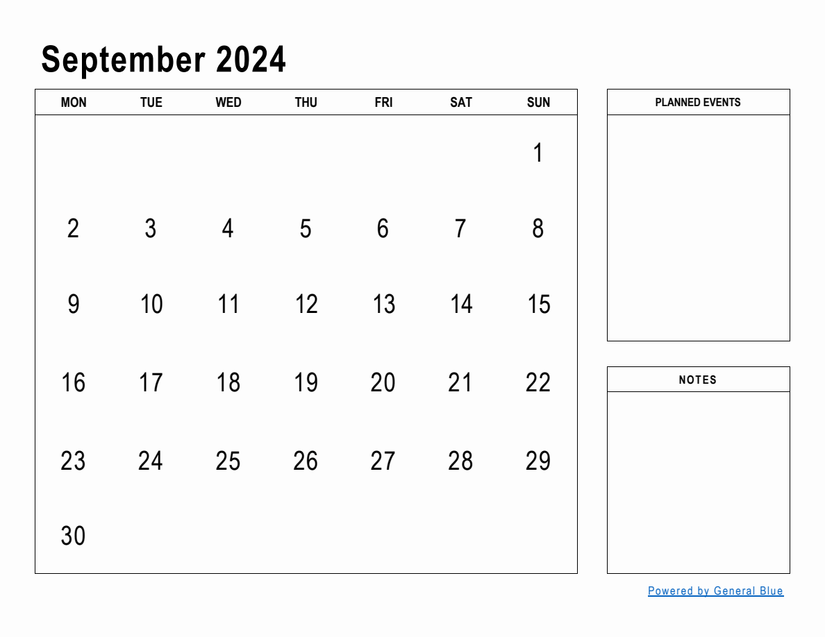 September 2024 Monthly Planner - Monday Start