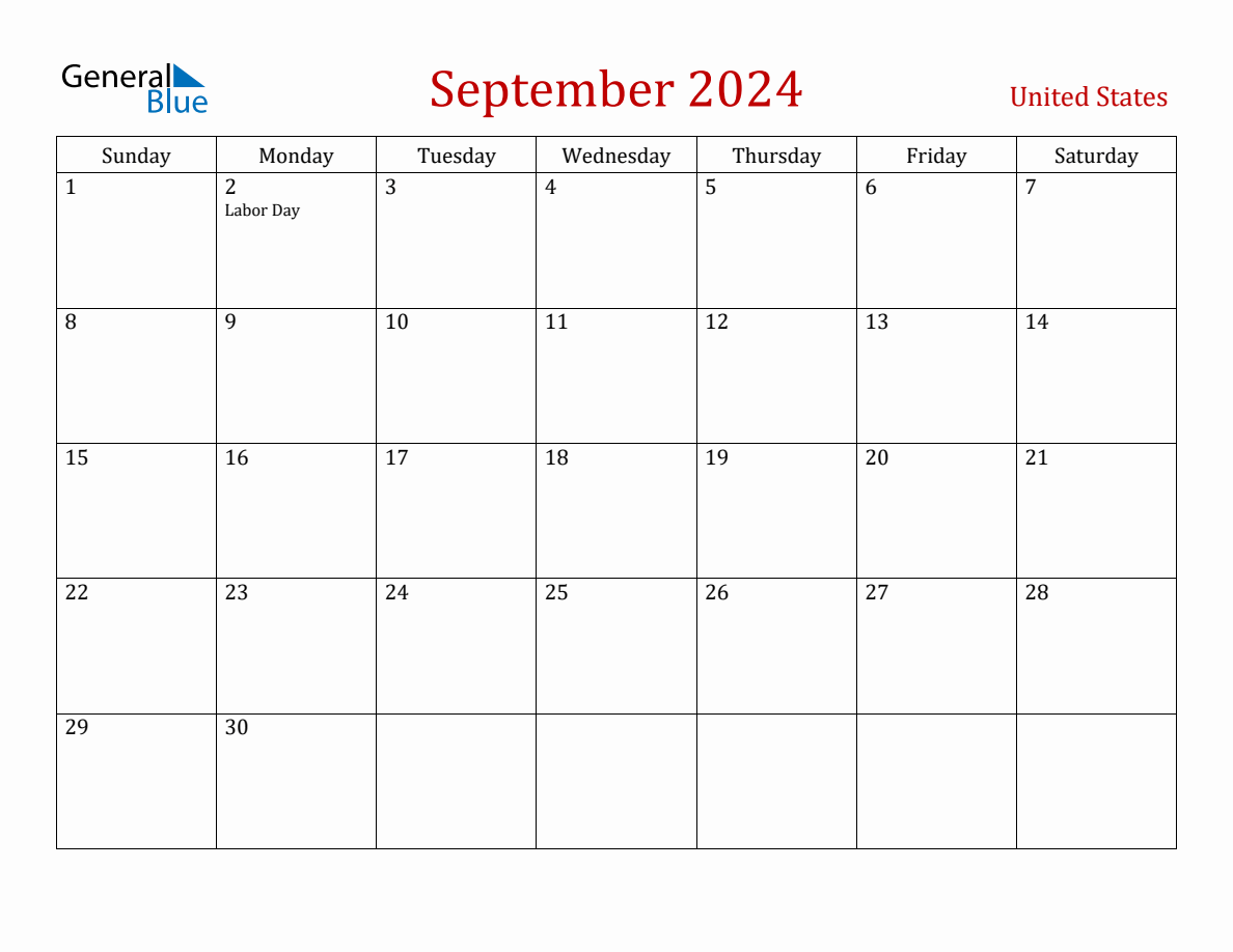 September 2024 United States Monthly Calendar with Holidays