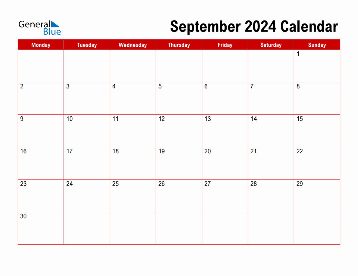 Basic Monthly Calendar - September 2024 - Monday Start