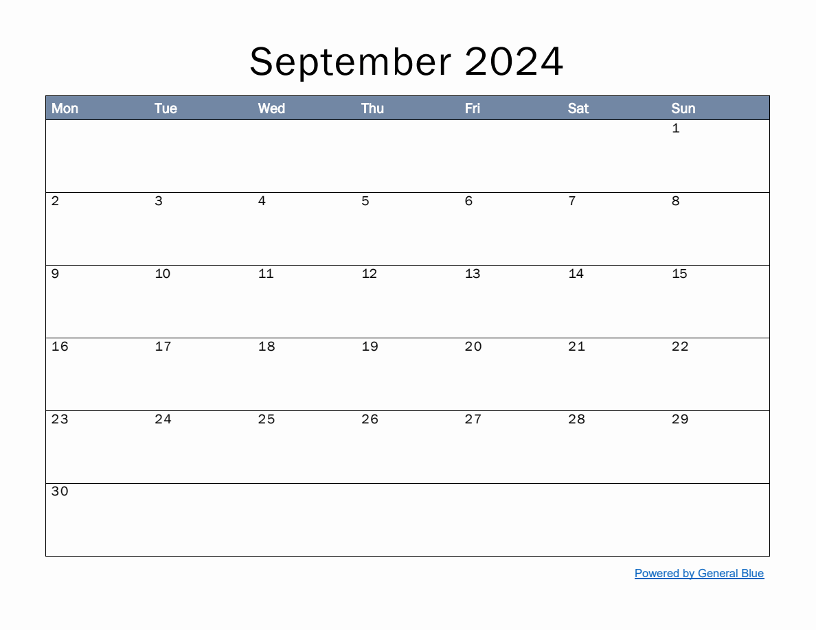 Monthly Calendar Template for September 2024 - Monday Start