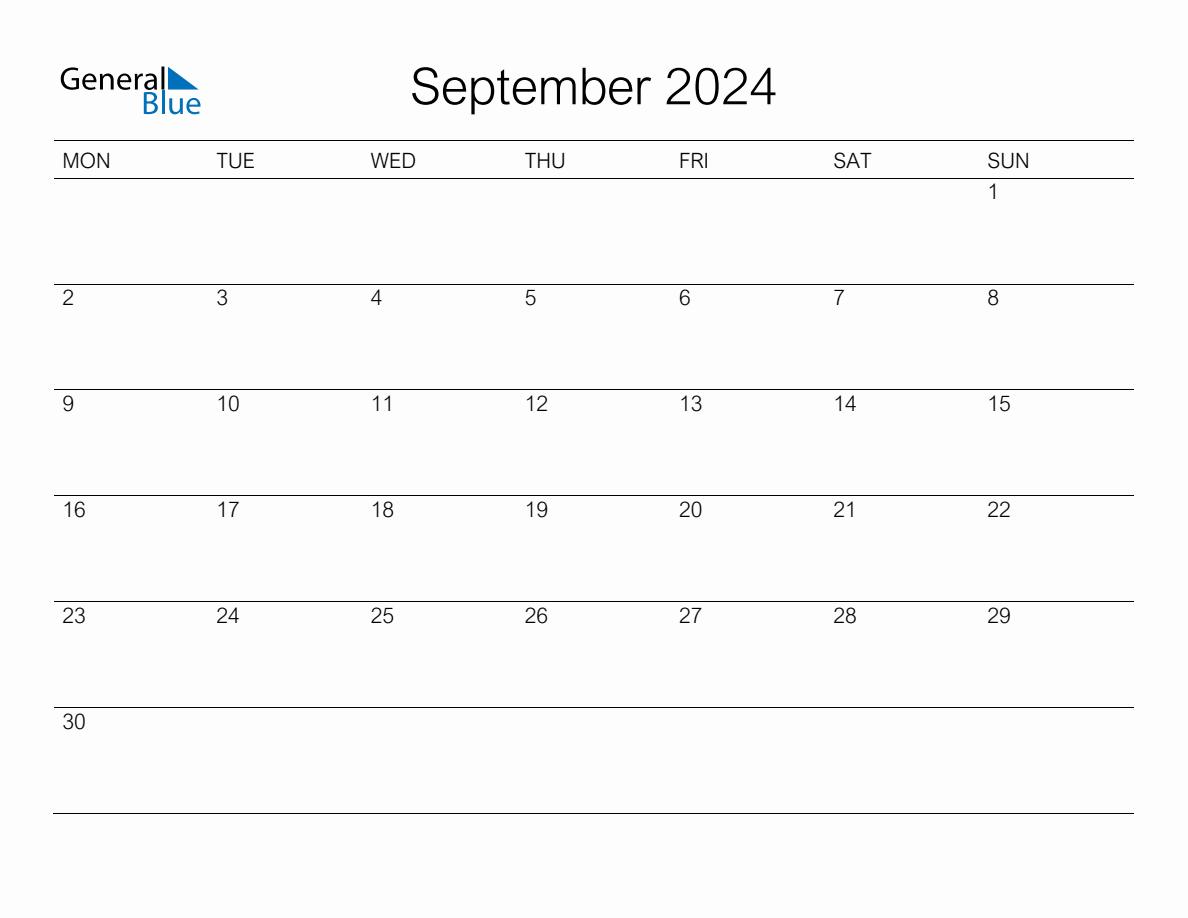 Printable September 2024 Monthly Calendar - Monday Start