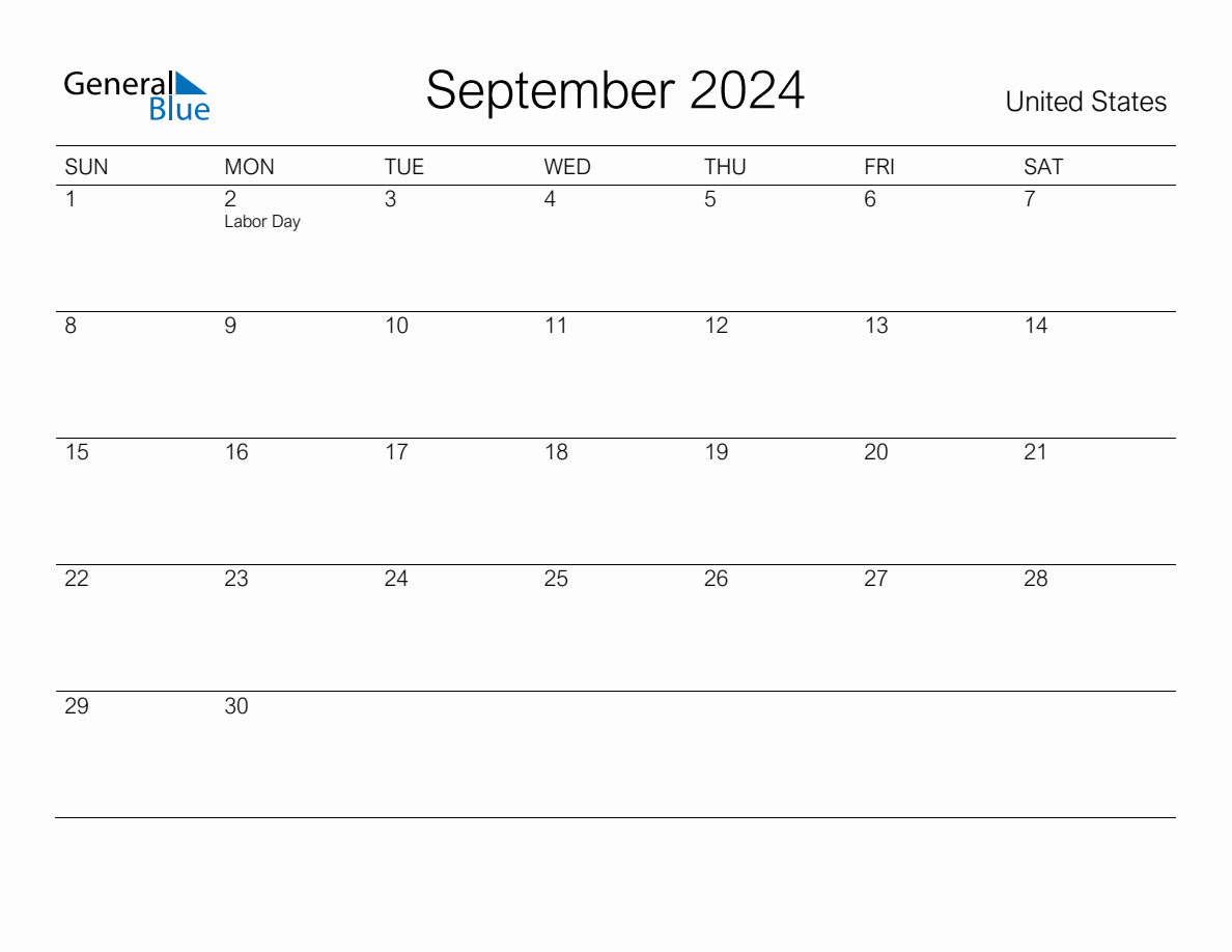 Printable September 2024 Monthly Calendar with Holidays for United States