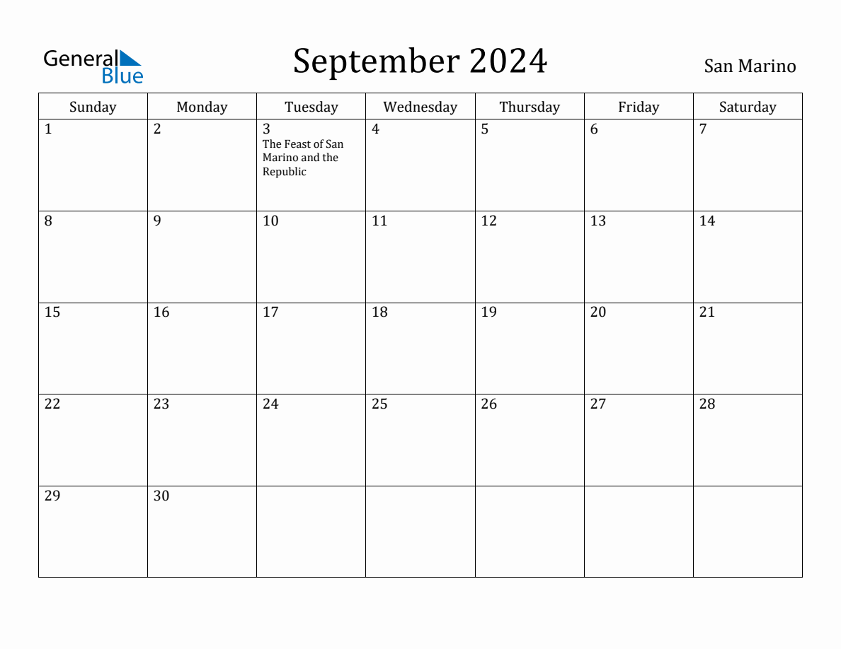 September 2024 Monthly Calendar with San Marino Holidays