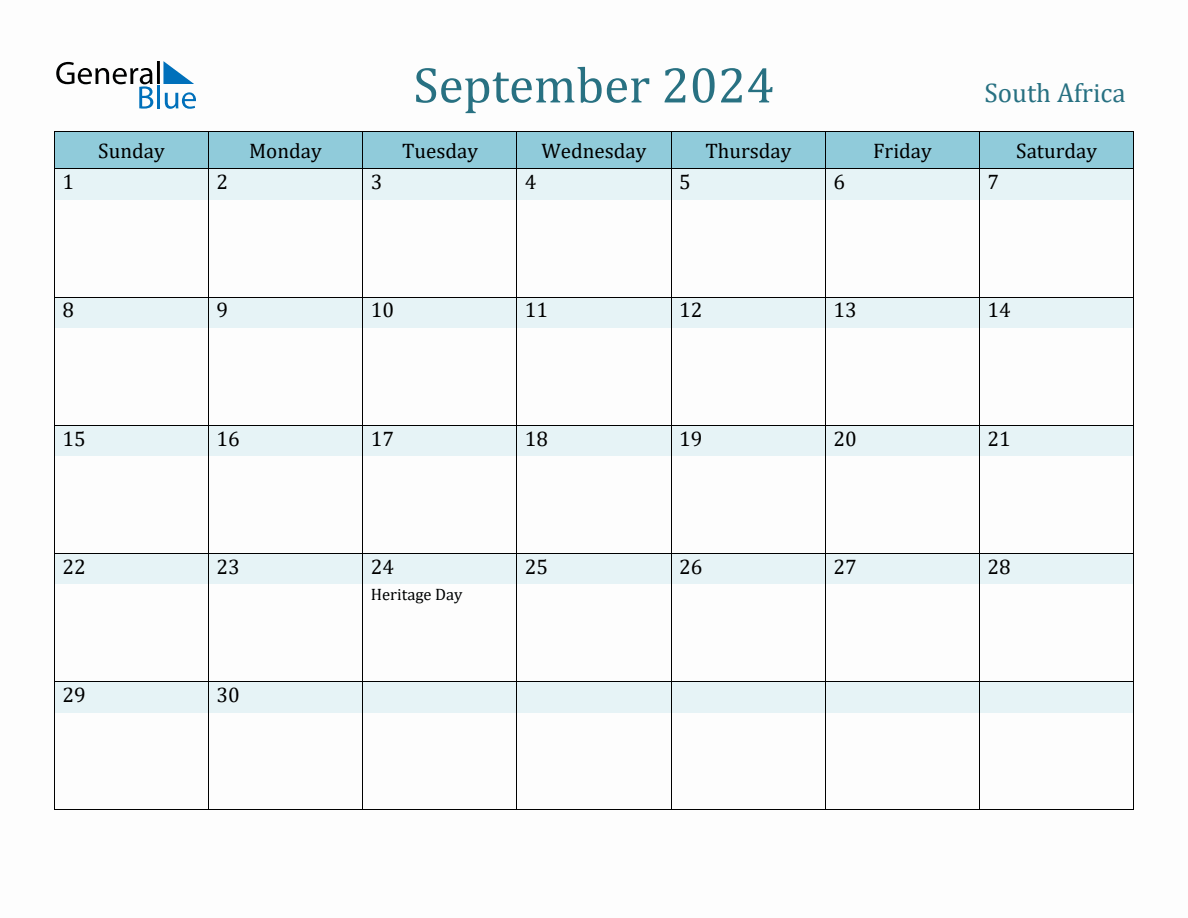 South Africa Holiday Calendar for September 2024
