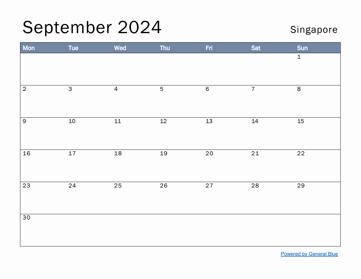 Free Monthly Calendar Template for September 2024 with Singapore ...