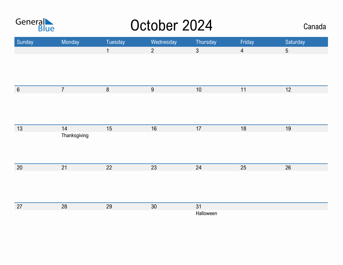 October 2024 Monthly Calendars with Canada Holidays
