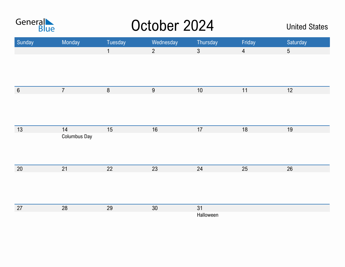 October 2024 Monthly Calendars with United States Holidays