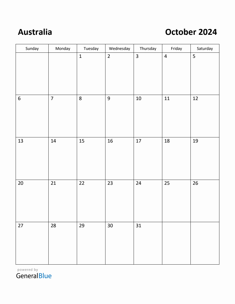 Free Printable October 2024 Calendar for Australia