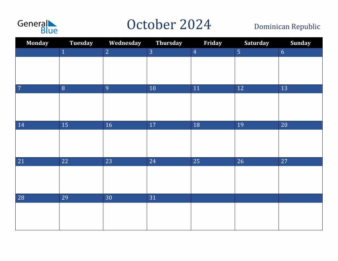 October 2024 Dominican Republic Holiday Calendar (Monday Start)