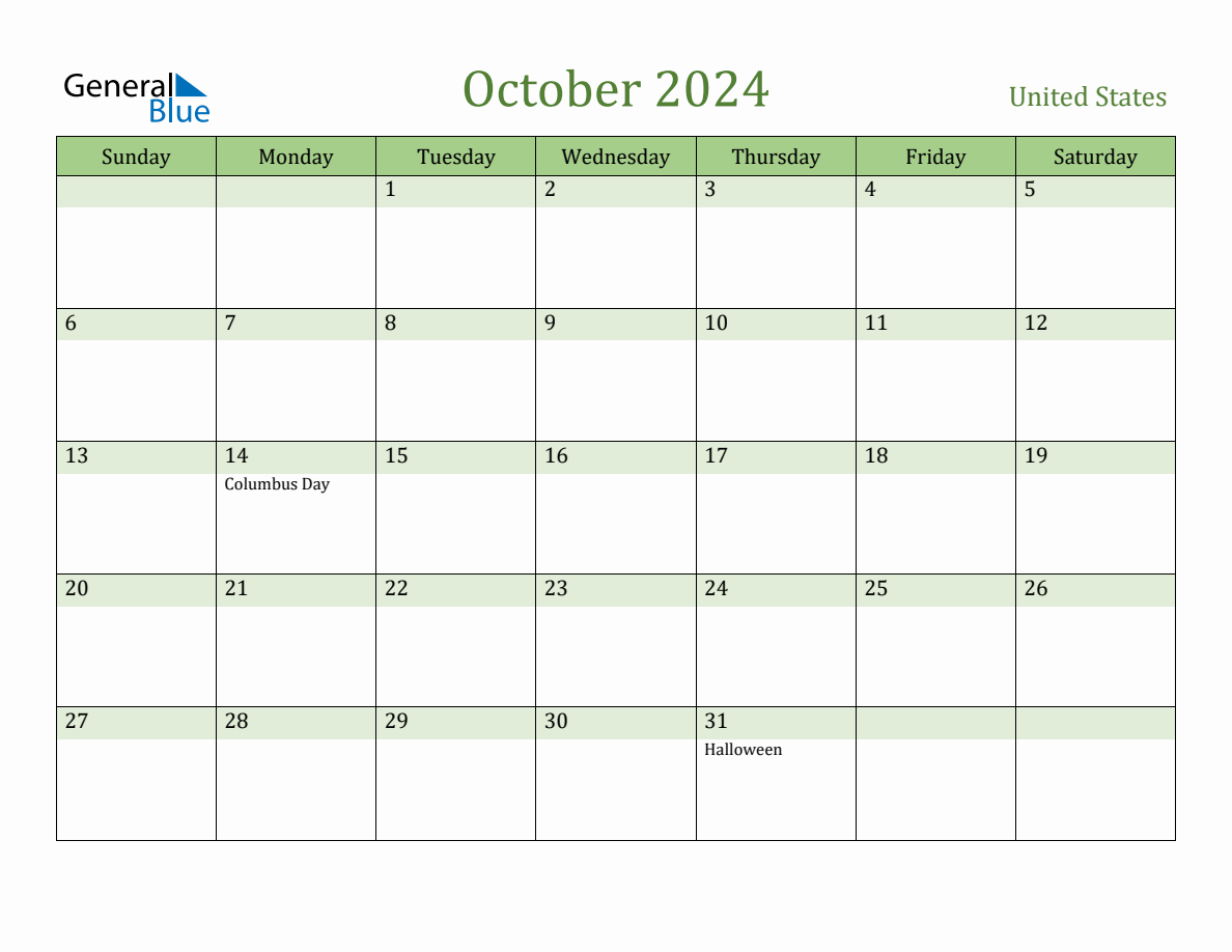 Fillable Holiday Calendar for United States - October 2024