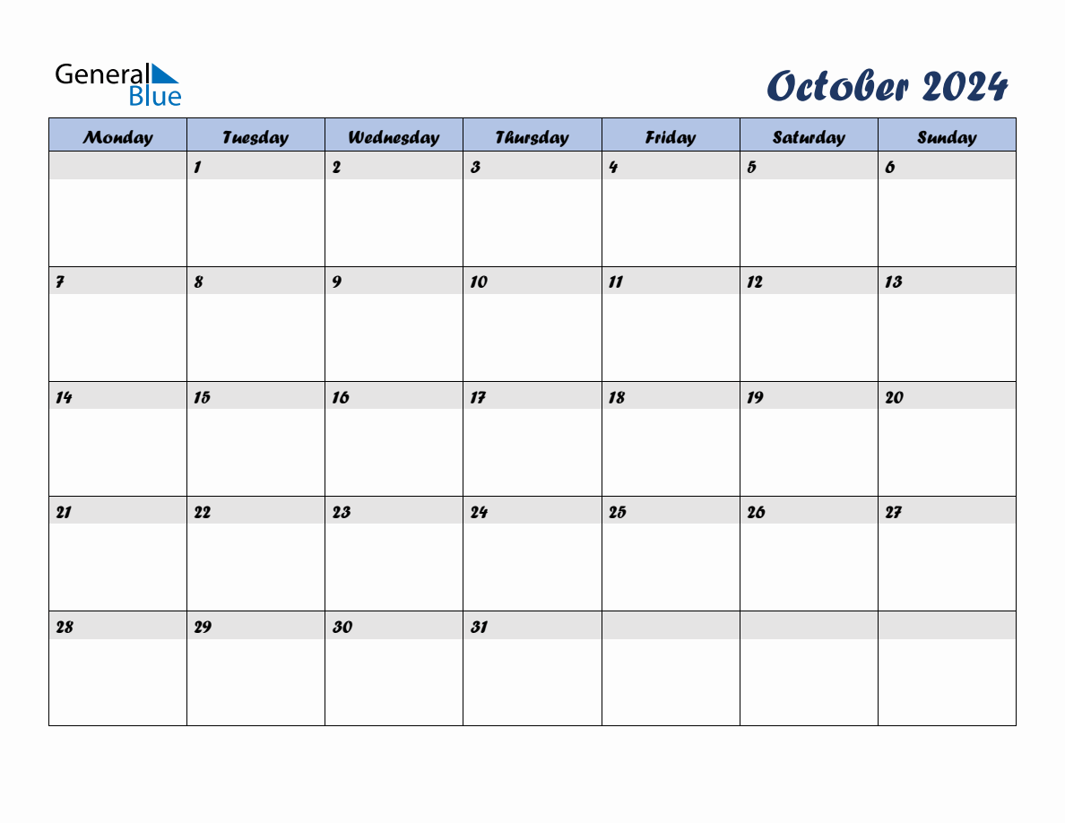 Free October 2024 Monthly Editable Calendar - Monday Start