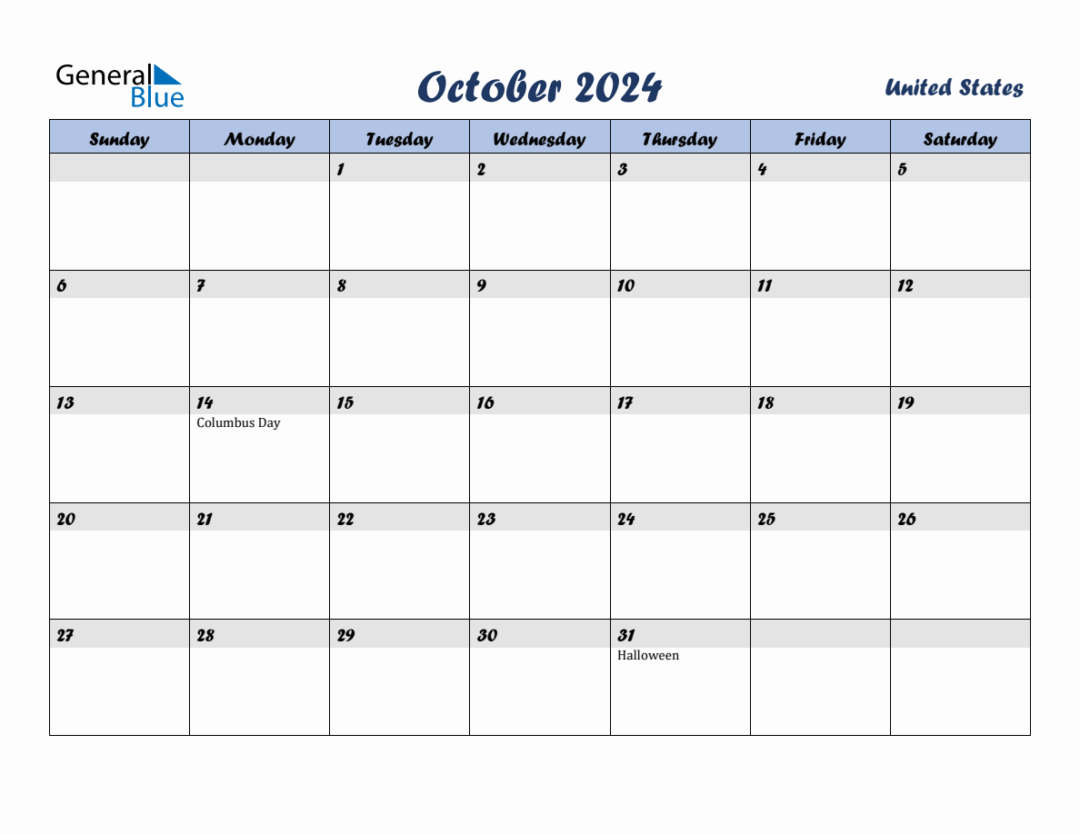 October 2024 Monthly Calendar Template with Holidays for United States