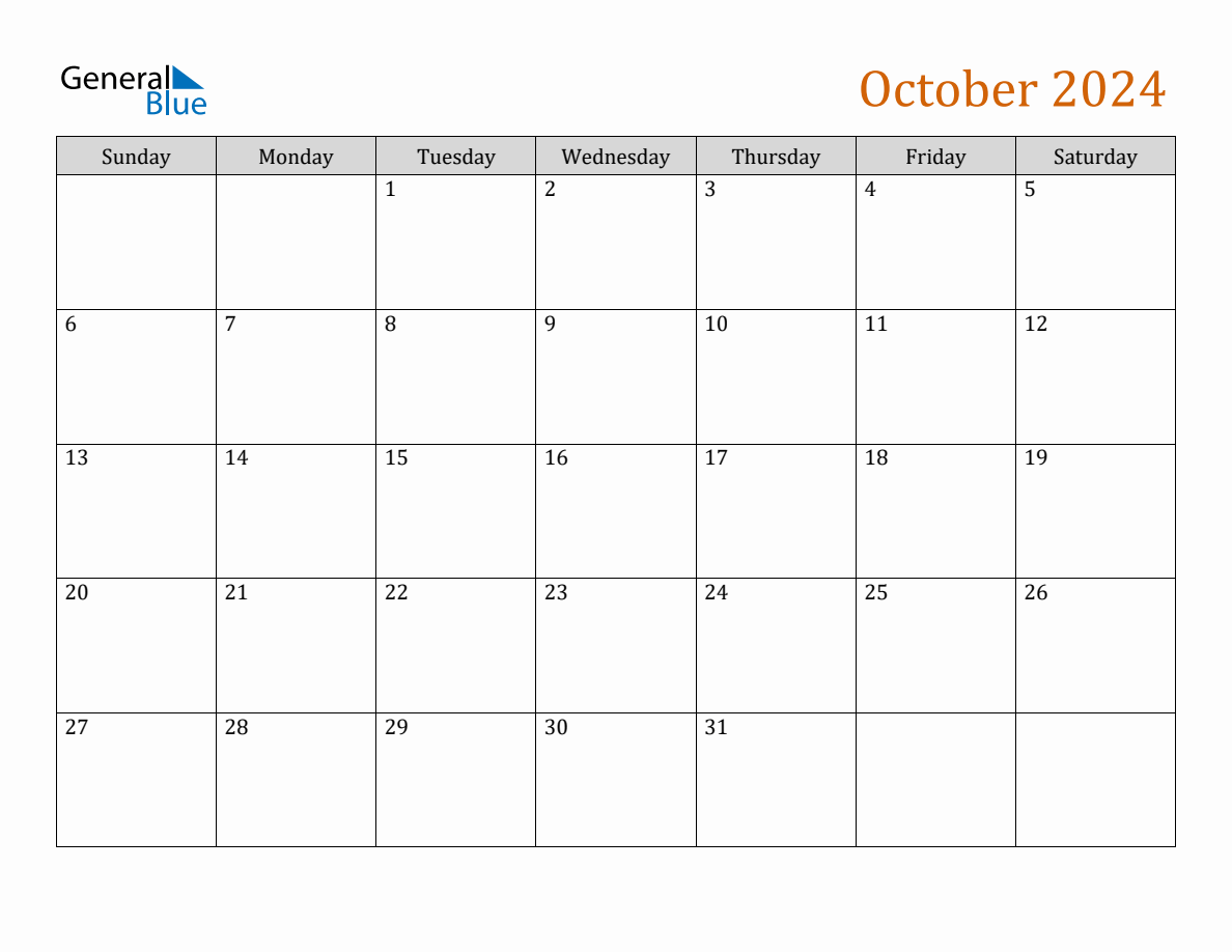 October 2024 Generic Monthly Calendar