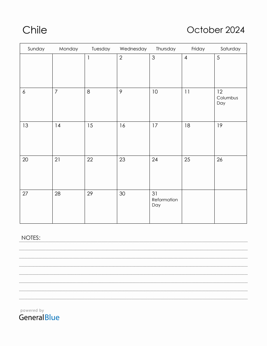 October 2024 Chile Calendar with Holidays
