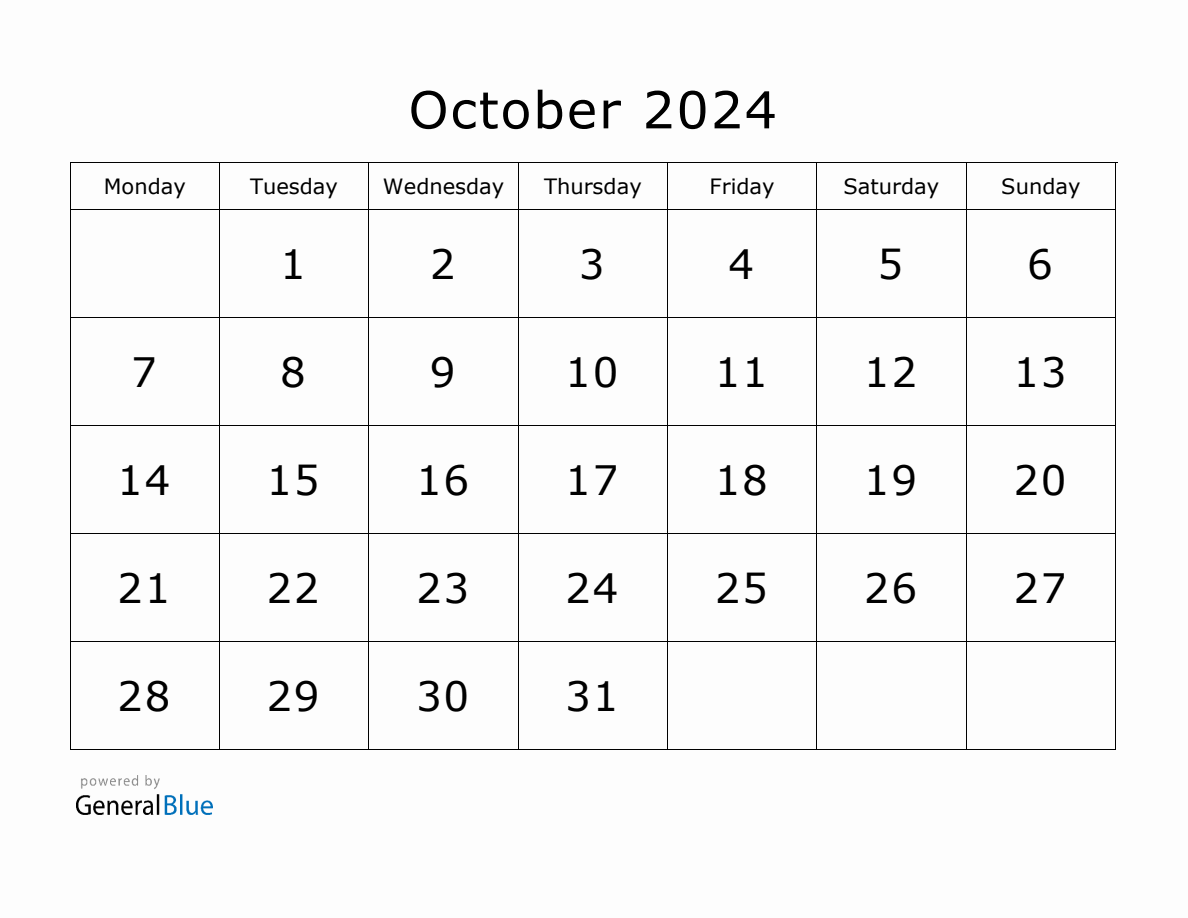 Printable October 2024 Calendar - Monday Start