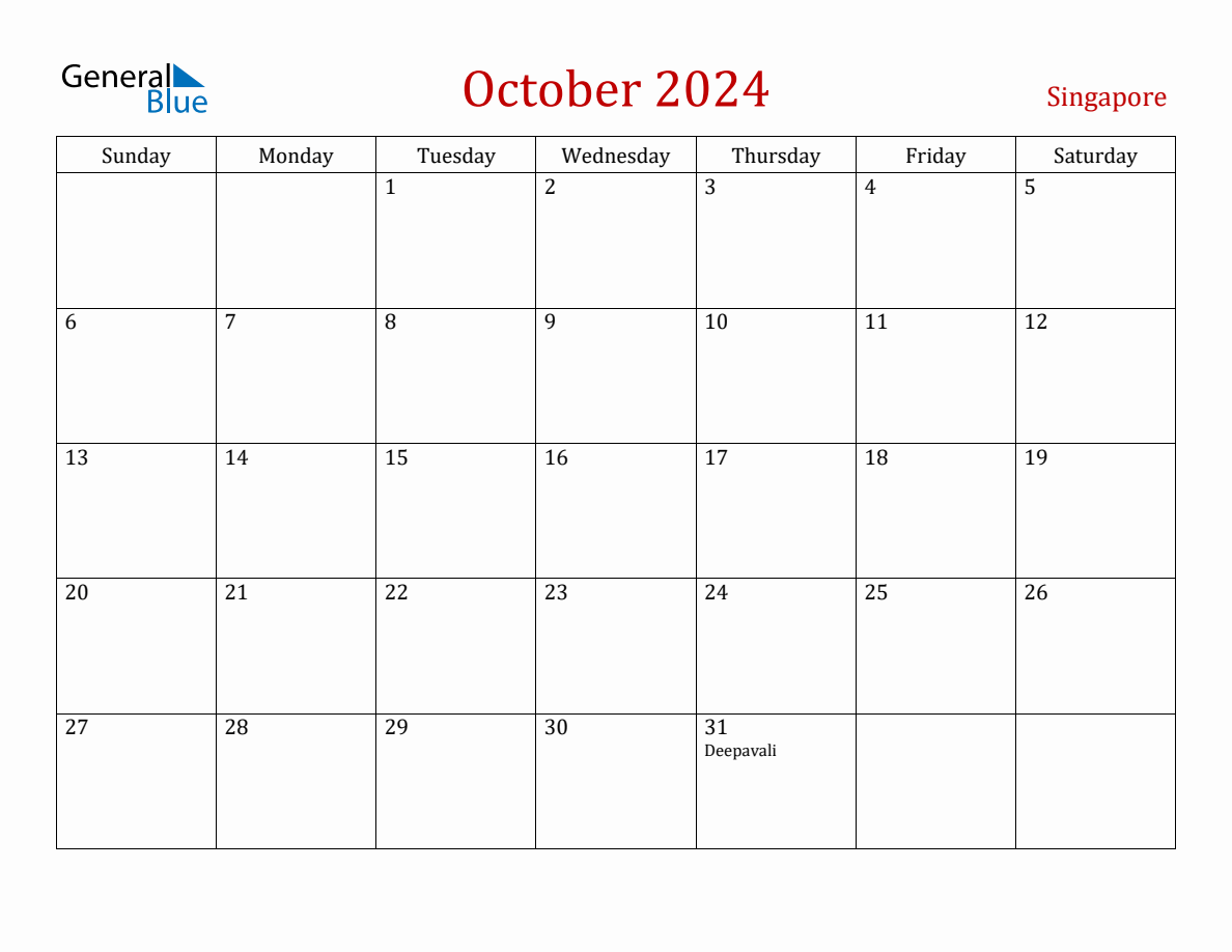 October 2024 Singapore Monthly Calendar with Holidays