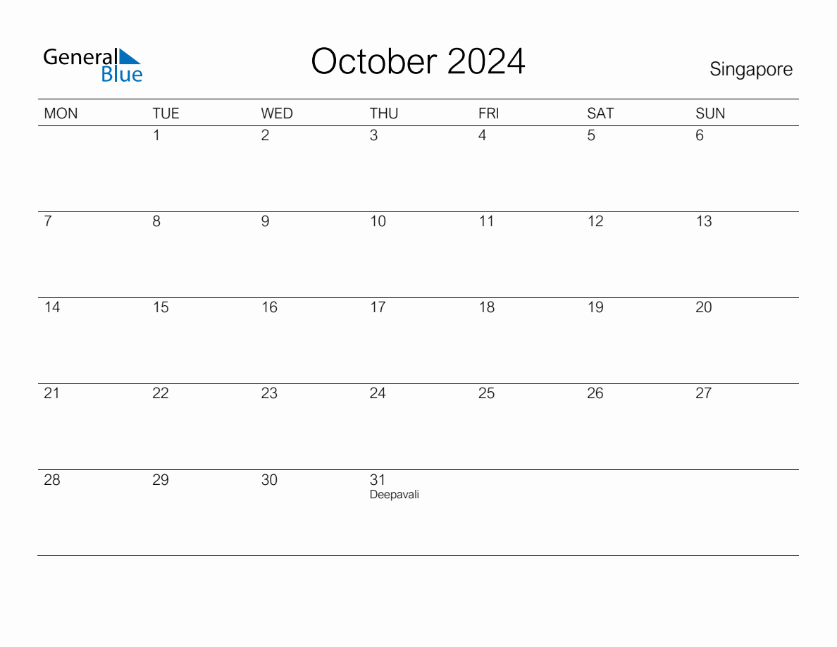 Printable October 2024 Monthly Calendar with Holidays for Singapore ...